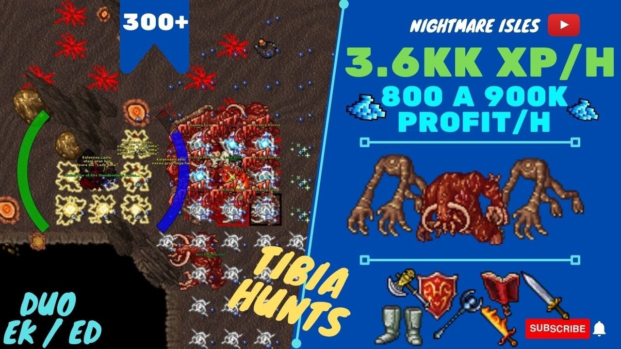 DUO EK+ED LVL 300+ 3.6KK+ XP/H - 900K PROFIT/H - TIBIA HUNT - NIGHTMARE ISLES - SEM RUNA - YouTube