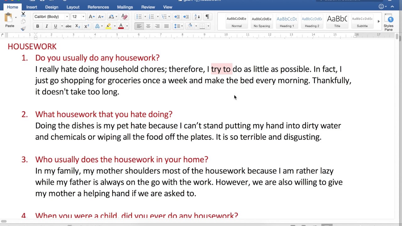speaking part 1: housework advanced - YouTube