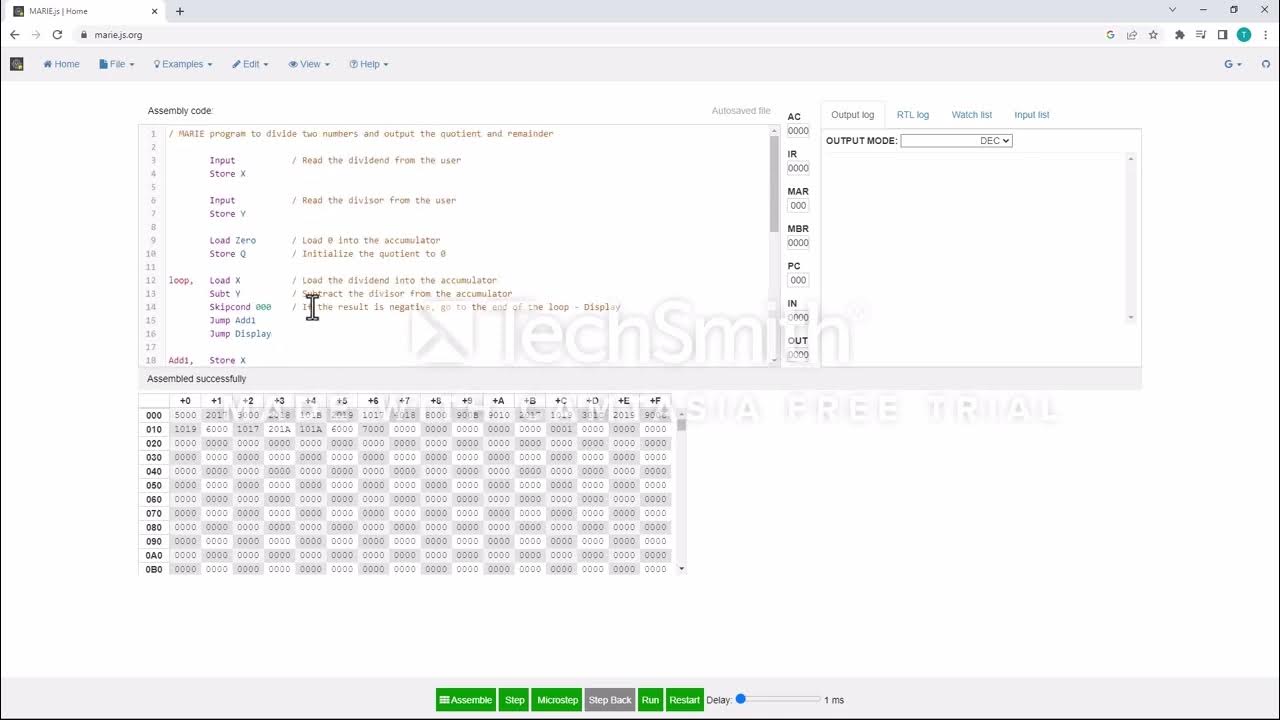 Programming with MARIE Simulator - Division - Take two Numbers and output Quotation and Reminder ...