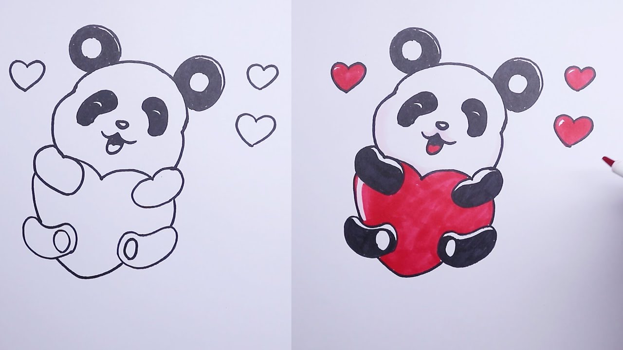 How to draw pandas and hearts | step by step drawing - YouTube