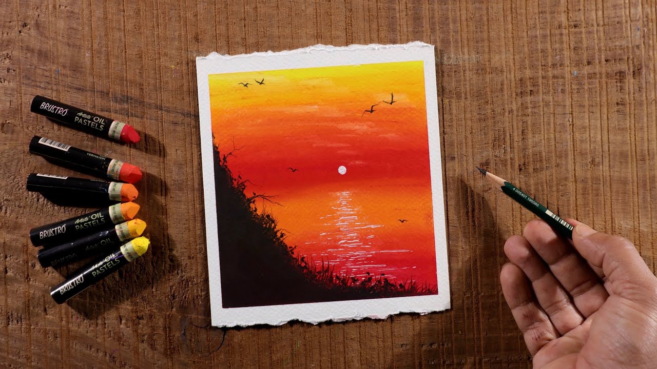 Easy Drawing for Beginners / A Beautiful Golden Hour Scene with Oil ...
