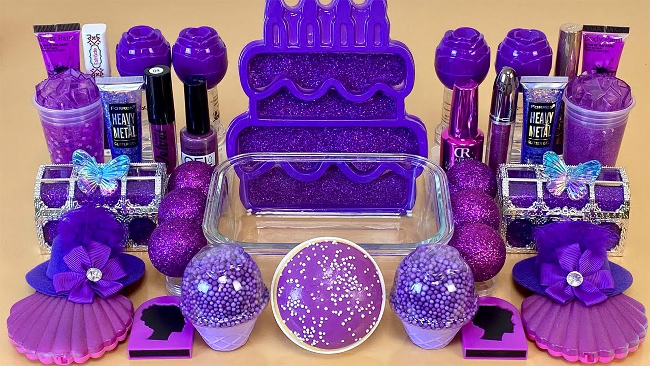 ASMR Slime 💜 Mixing PURPLE” makeup, Eyeshadow, glitter into slime ...