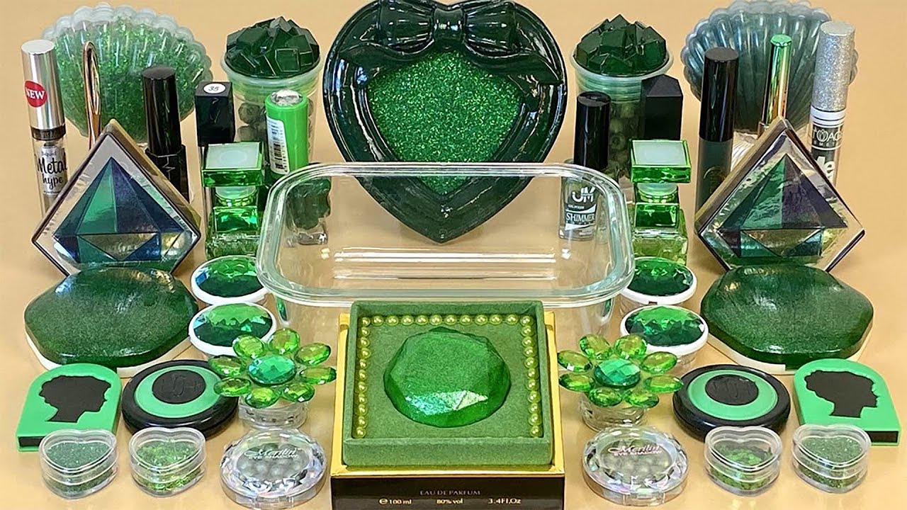 ASMR Slime Navy GREEN 💚 Mixing eyeshadow, makeup and glitter into Slime ...