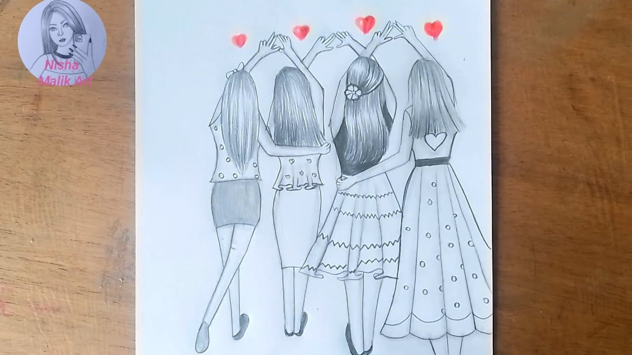 How to draw four best friends ll For beginners pencil sketch tutorial ...