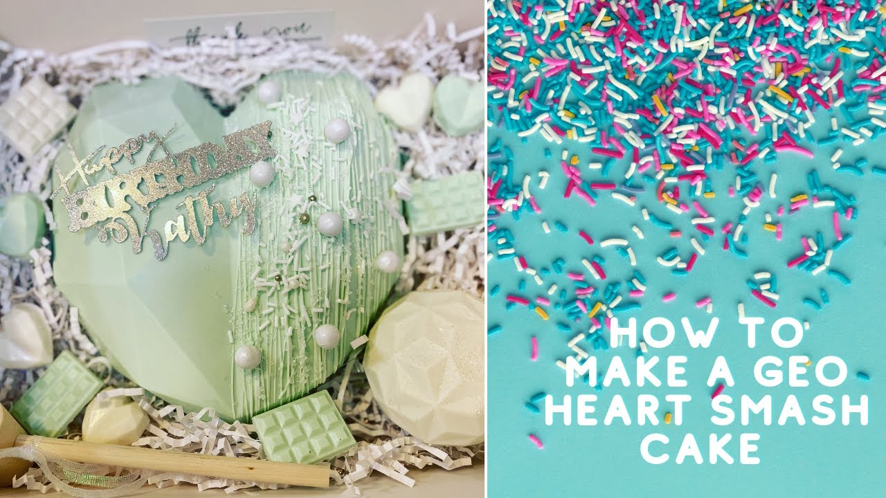 DIY/ how to make an emerald green geo heart chocolate smash cake filled ...