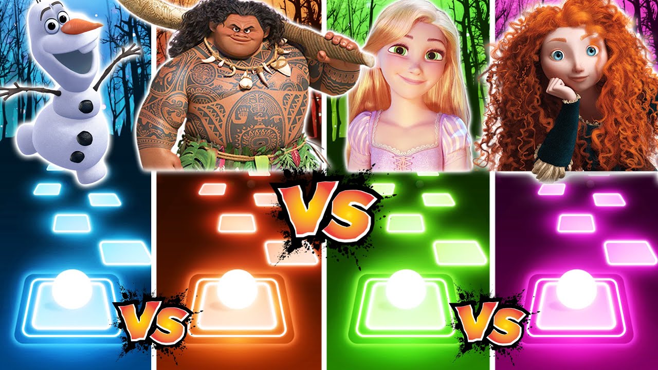 Olaf Vs Maui Vs Tangled Vs Merida - Tiles Hop EDM Rush! WHO WON? - YouTube