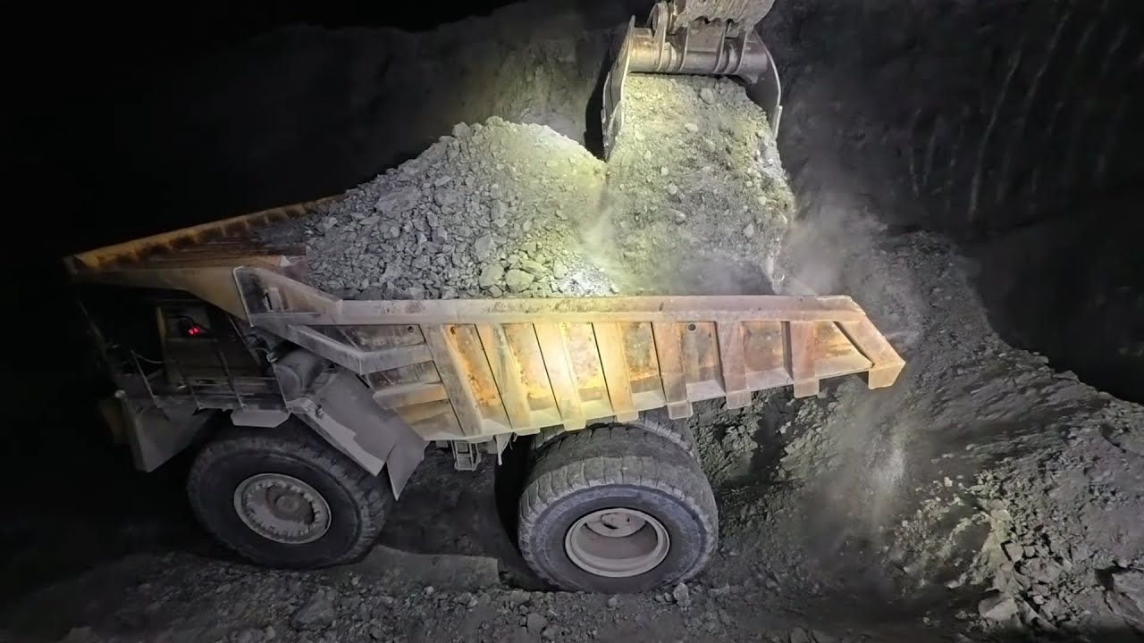 Liebherr R9300 Diesel Excavator Loading Haul Trucks Cabin View Night ...