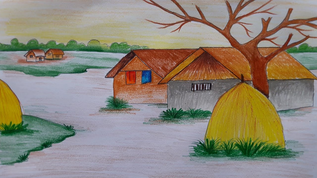 How to draw village scenery for drawing. Rural village india drawing ...