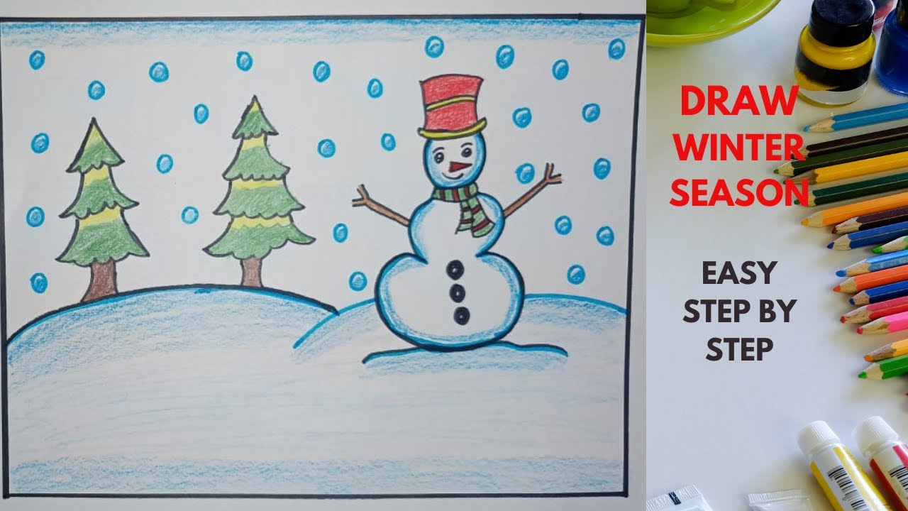 How to draw winter season easy step by step, easy drawing, kids drawing ...