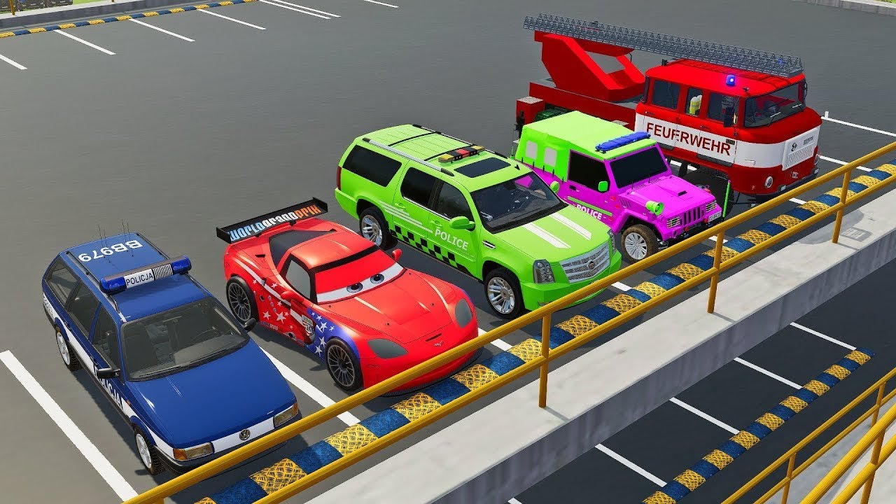 TRANSPORTING CARS, AMBULANCE, POLICE CARS, FIRE TRUCK OF COLORS! WITH ...