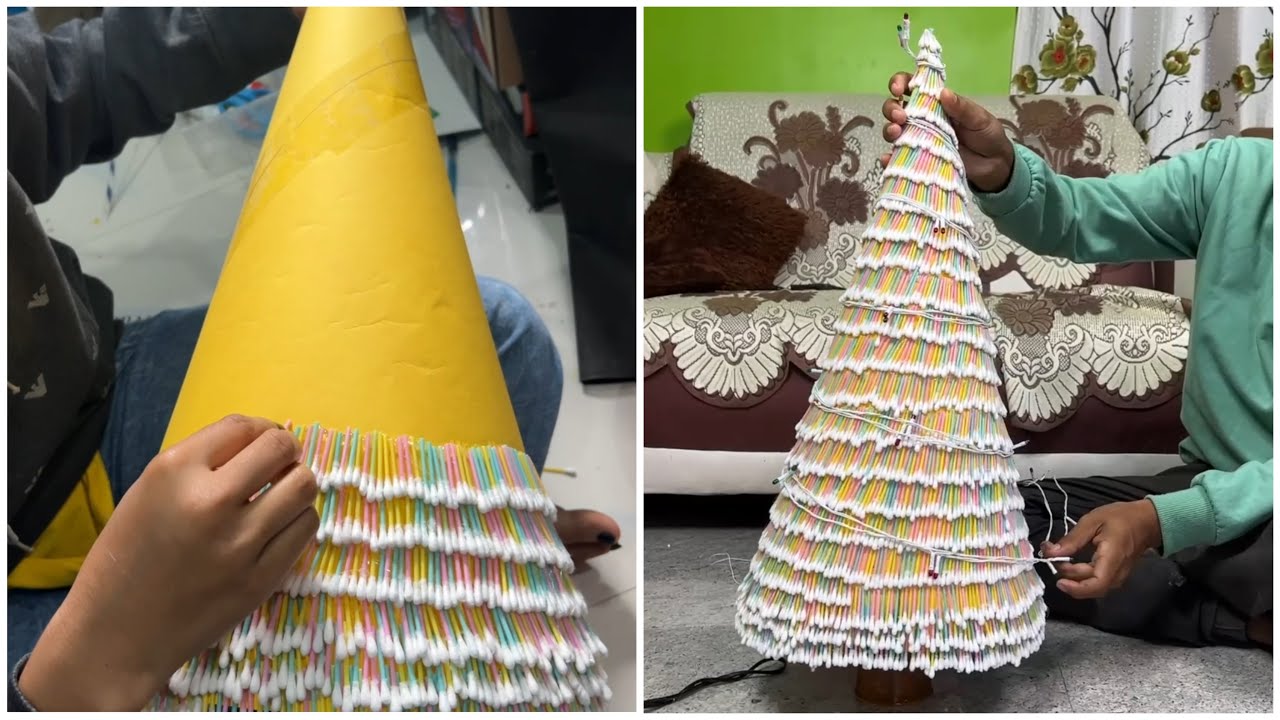 DIY Christmas tree making with earbuds _ Easy Christmas decor idea ...