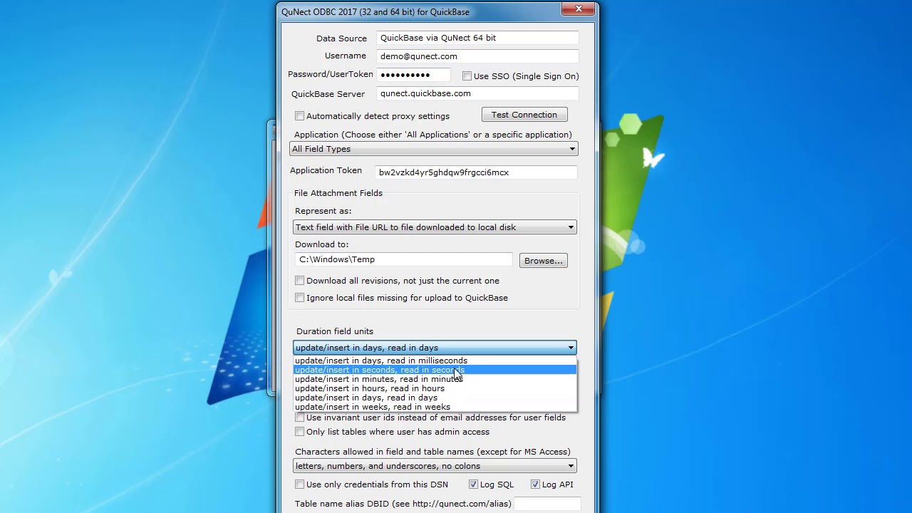 QuNect ODBC for QuickBase DSN Configuration Dialog - YouTube