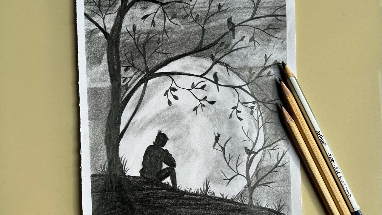 How to draw A sad boy sitting Alone under moonlight with pencil ...