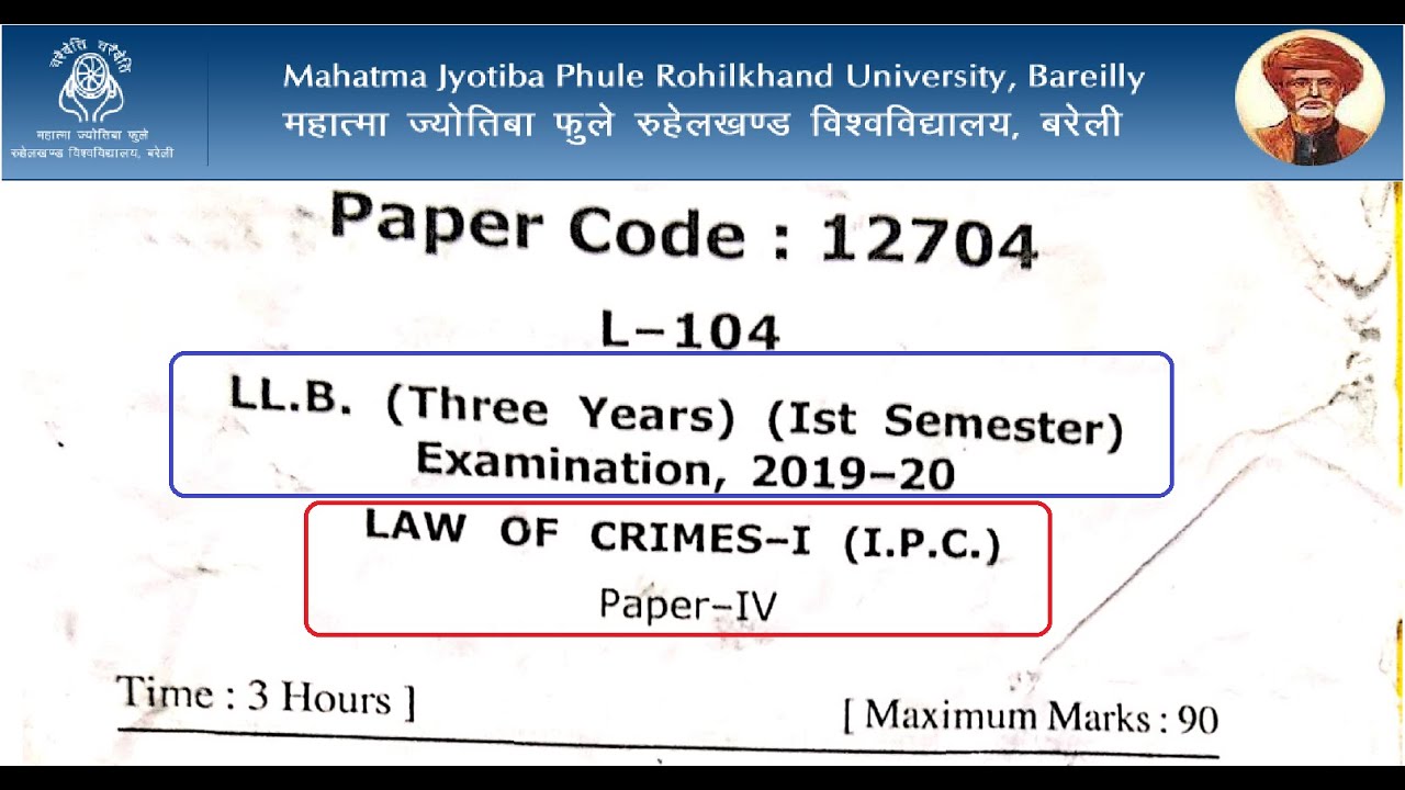 LLB 1st Sem Law of Crimes-1 2019-2020 भारतीय दंड संहिता Question Paper ...