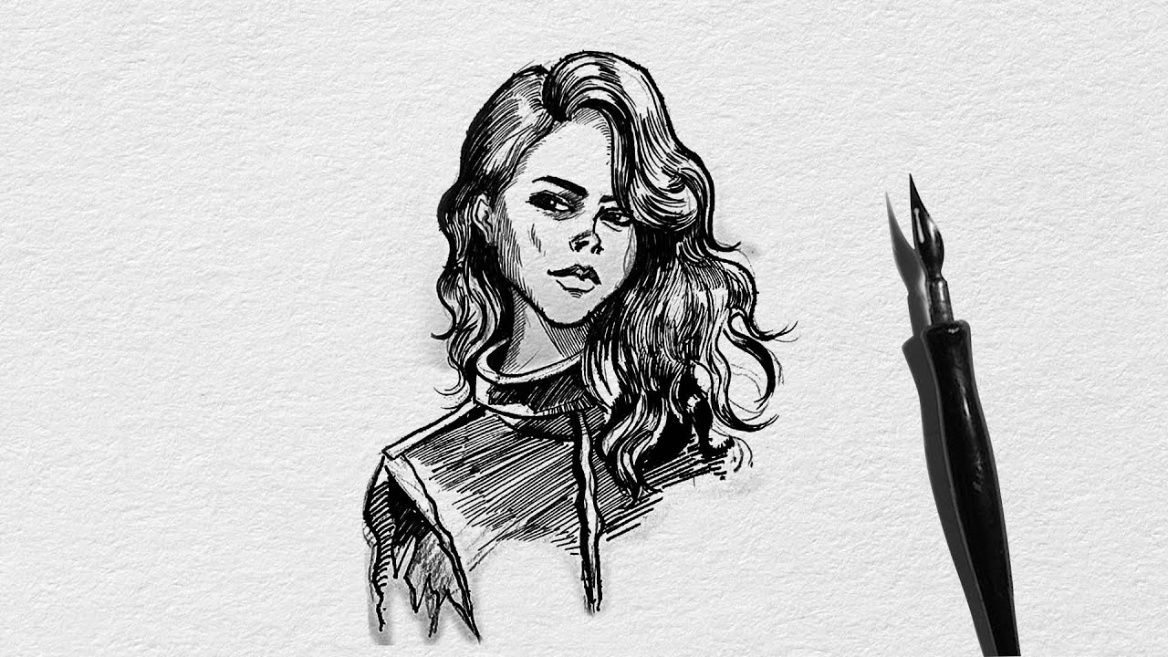 Drawing a Girl | Girl Drawing With Ink Pen | Girl Sketching - YouTube