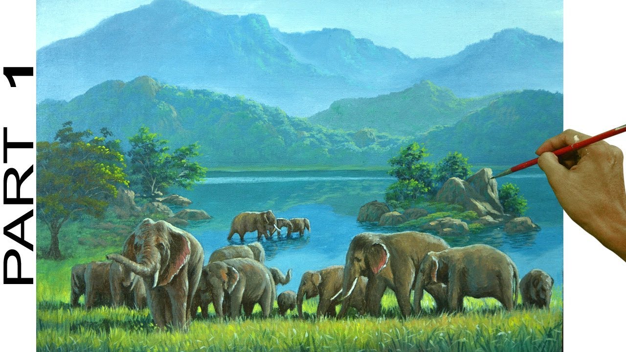 Landscape Painting with lake and Elephants | Acrylic Painting Tutorial ...