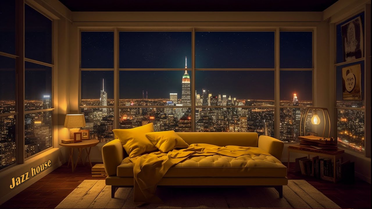 Cozy Bedroom with a Night View of the New York City - Relaxing Jazz ...