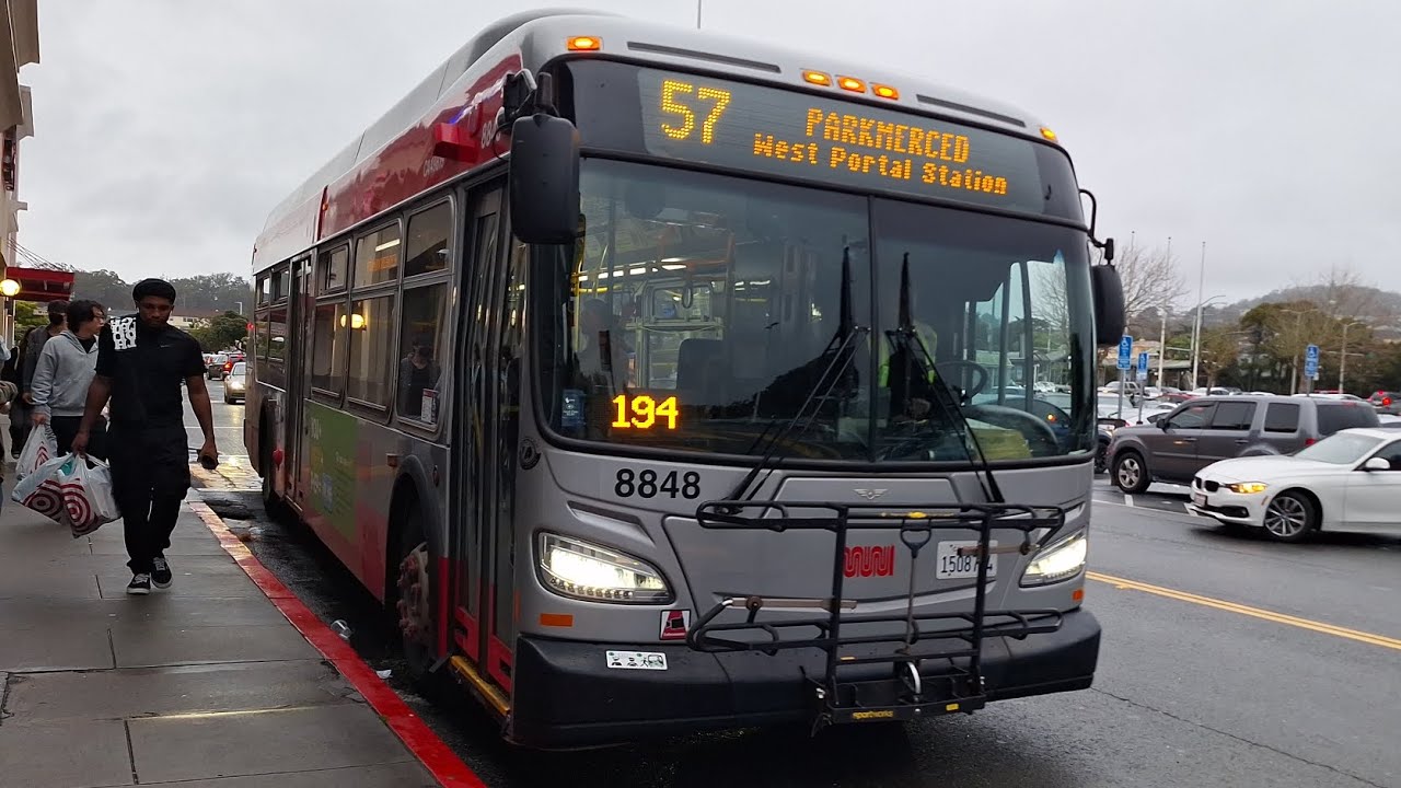 SF Muni: 2016 New Flyer XDE40 #8848 on 57 Parkmerced - YouTube