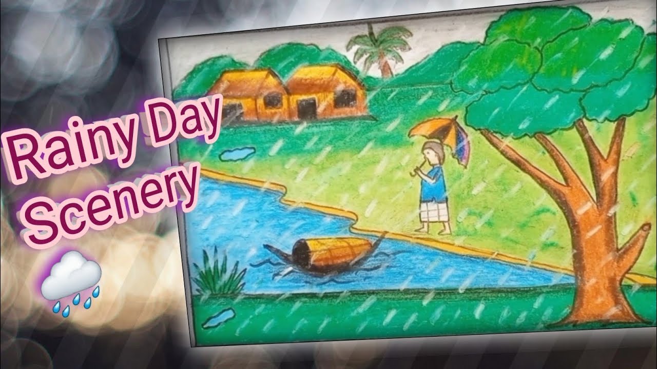 Rainy Day Scenery Drawing🌧️ || How to Draw Rainy Season Scenery Step by ...