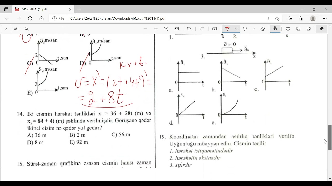 Fizikadan test izahı. Düzxətli bərabərsürətli və bərabərtəcilli hərəkət ...