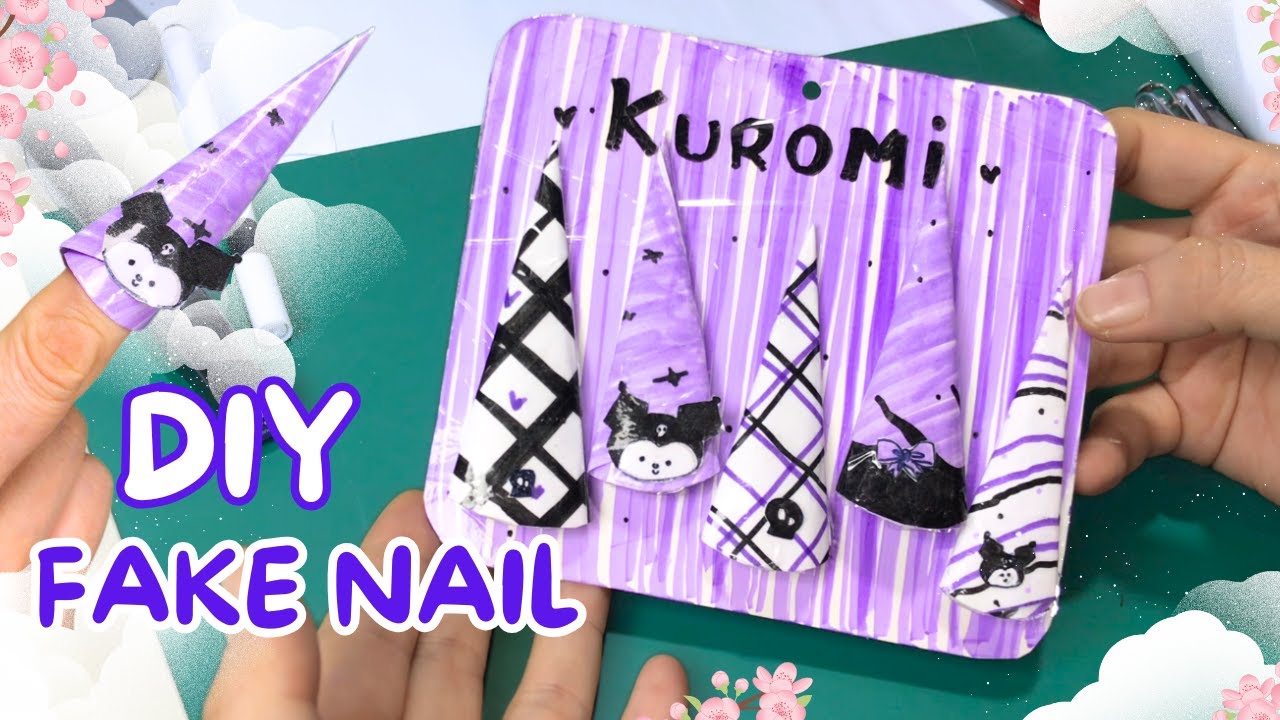 DIY FAKE NAIL KUROMI ️💜🌸 | step by step SANRIO ORIGAMI NAILS 🎀💜🌈 - YouTube