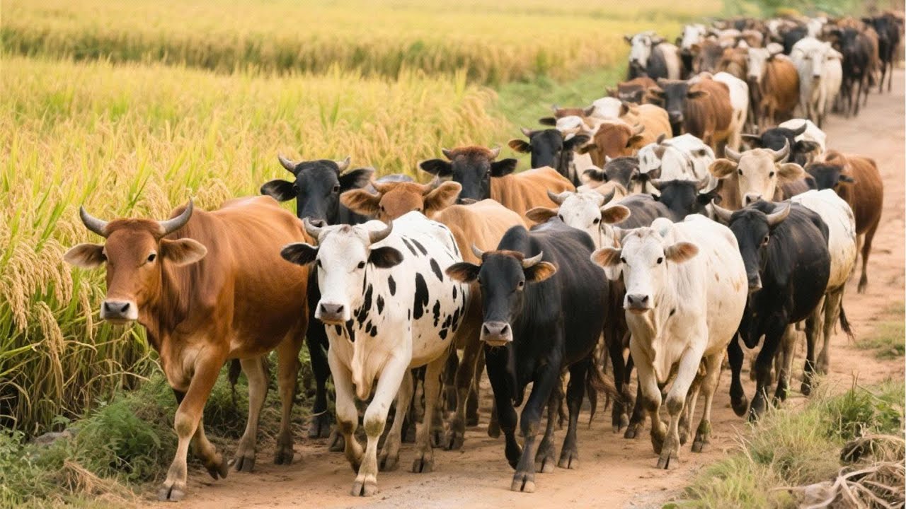 Happy cows calling each other to eat in the ripe rice field - Cow ...