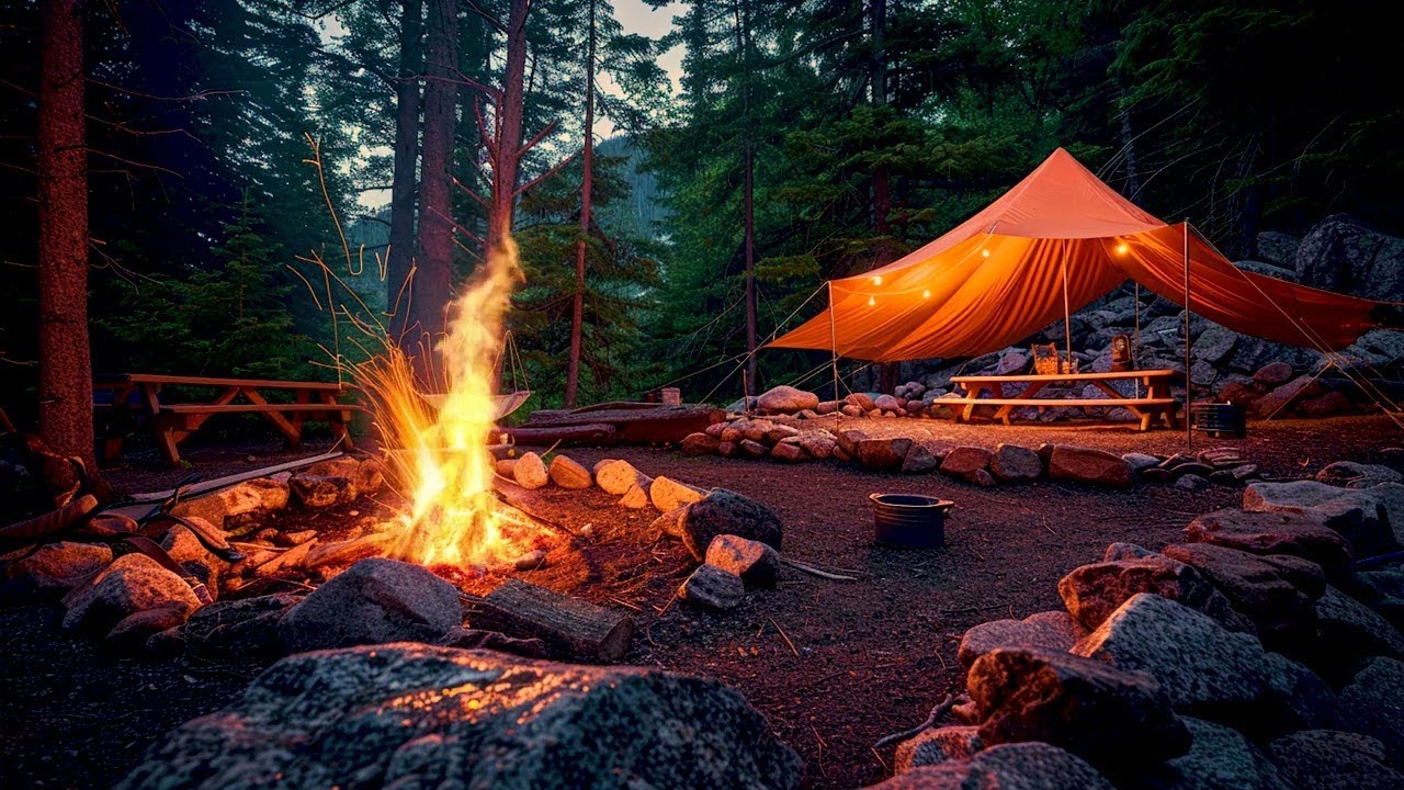 3 HOURS - Fireplace With Crackling Fire - Forest campfire by the stream ...