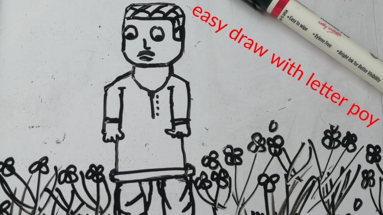 The drawing of a farmer in a farm with letter only Poy/It is very easy ...