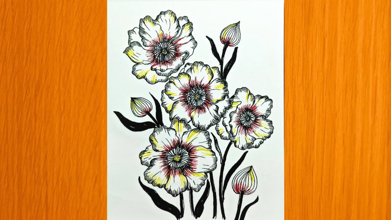 Easy way to draw flowers with ink pen || Flower drawing step by step ...