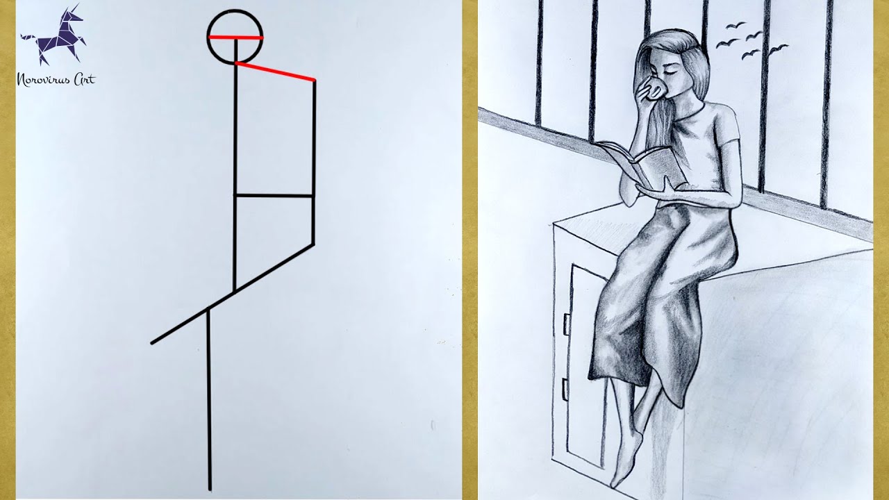 how to draw a girl drinking tea with reading books || how to draw a ...