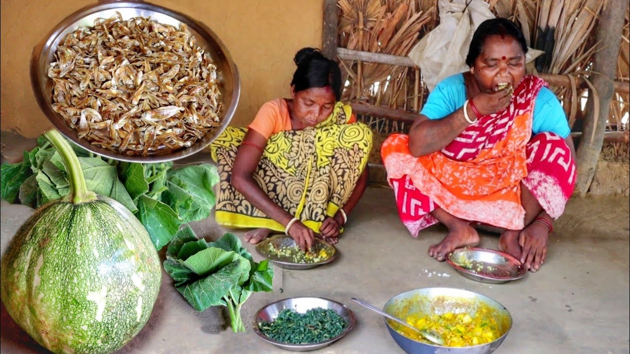 small dry fish curry and pumpkin leaves fry cooking&eating by our ...