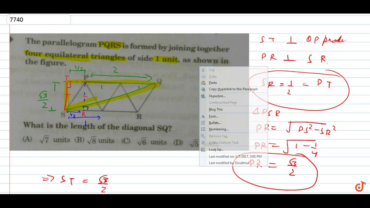 The parallelogram PQRS is formed by joining together four equilateral ...
