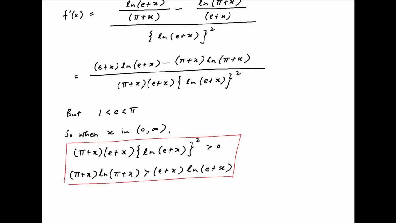 Prove that ln(PI + x)/ln(e + x) is decreasing in the interval 0 to ...