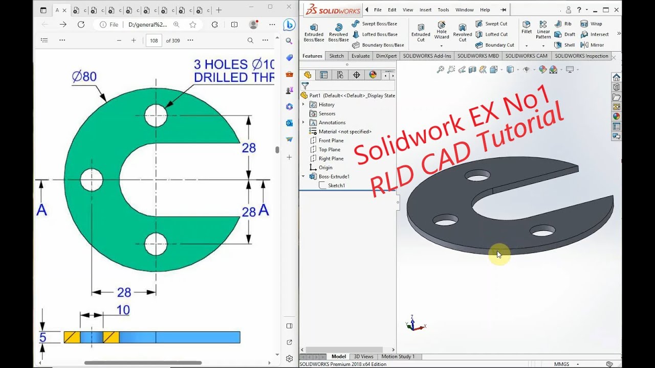 Solidwork Exercise No 1!Line ,Circle, Drill HoleExtrudedBoss Base#solidworkbasictoadvance# ...
