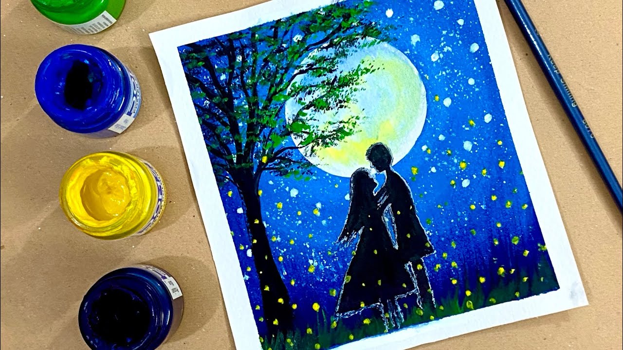 How to Draw a Romantic Couple under Moonlight || Easy Poster Colour ...