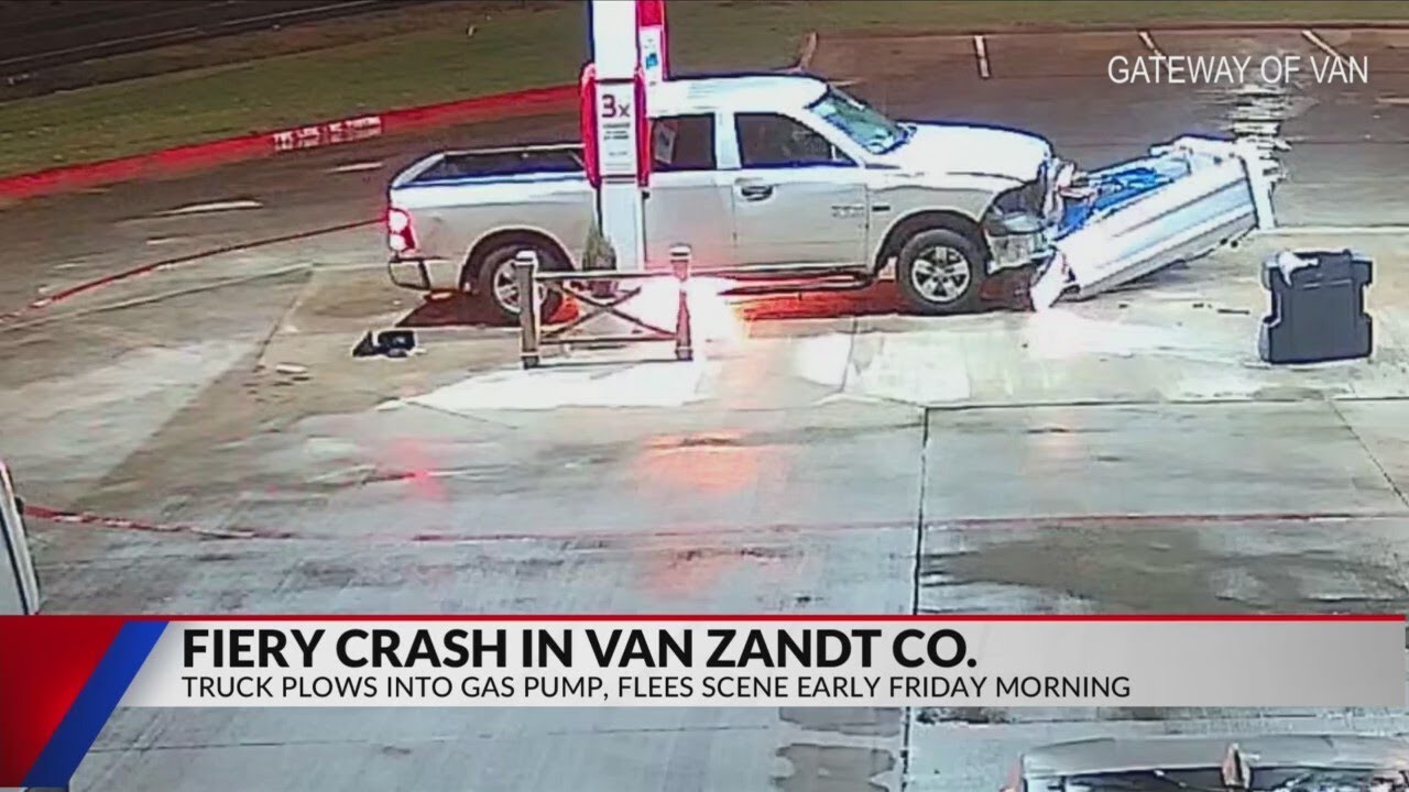 Van police looking for driver who hit gas pump, sparking fire - YouTube