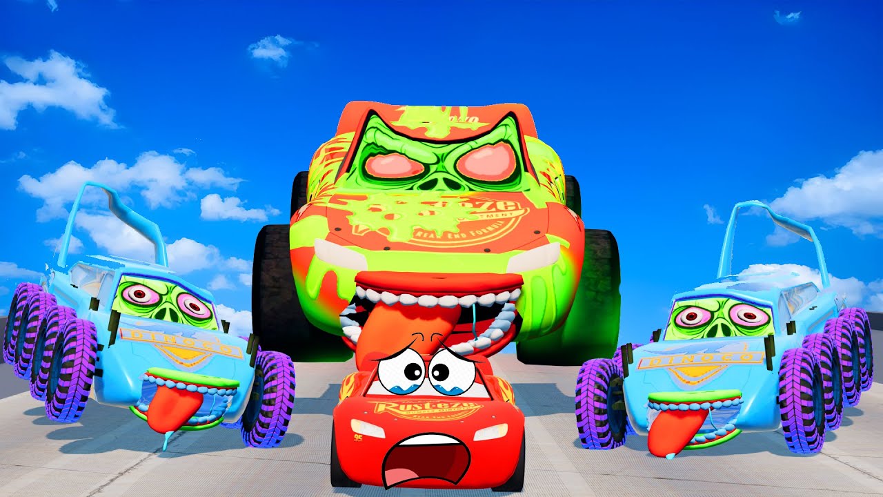 🟢Huge GREEN MACQUEEN ZOMBIE & King Dinoco Zombie 8x8 Wheels🆚 McQueen ...