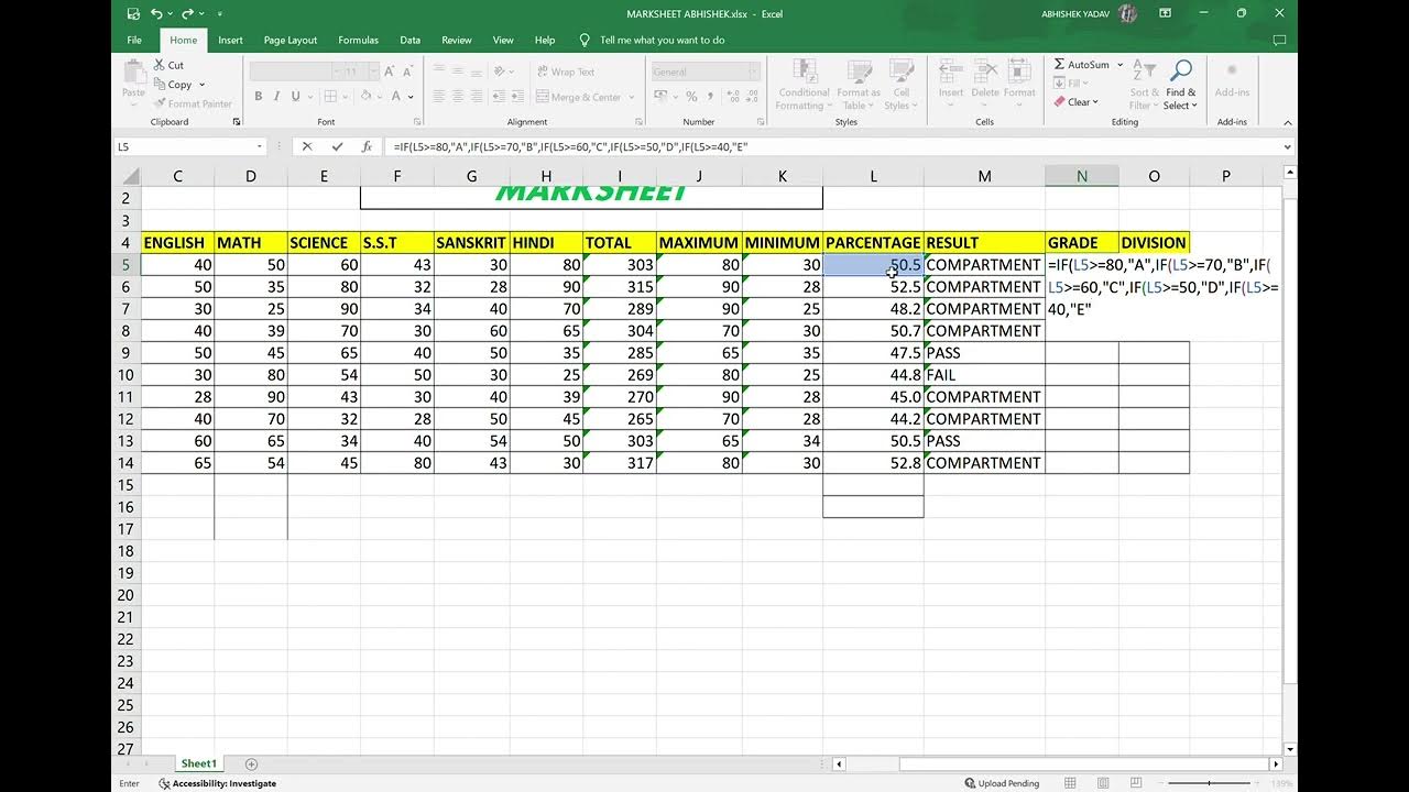HOW TO MAKE MARKSHEET IN EXCEL with formula ( PART-03 )#excel # ...