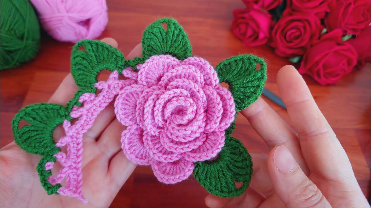 💯 Amazing Crochet: How to Make 3D Tea Rose with Leaves 🌷 Crochet Flower ...
