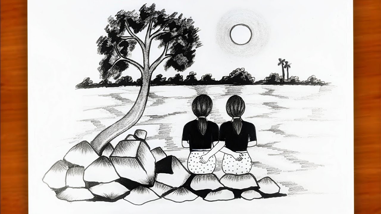 Best Friend ♥ Pencil sketch - Two best friend Sitting River side ...