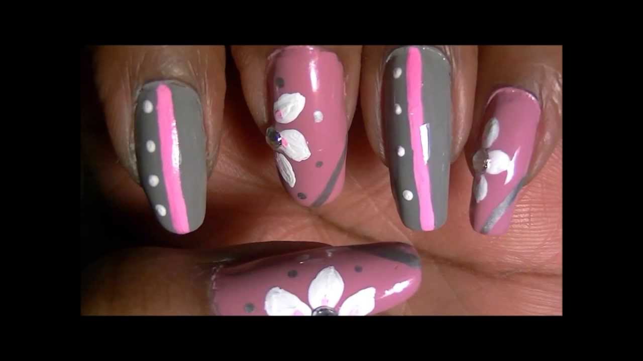 Pink & Grey Flower Accent Nail Tutorial - YouTube