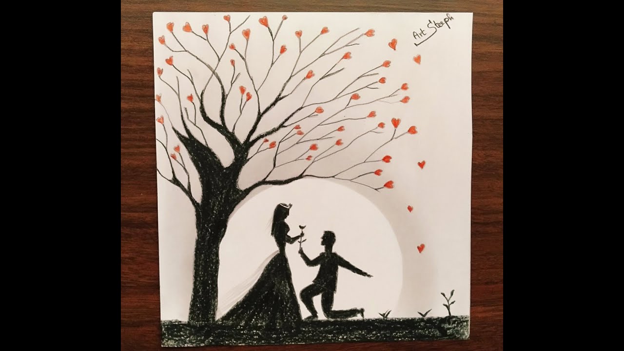 How to draw Romantic couple under love tree / Romantic Propose Scenery ...