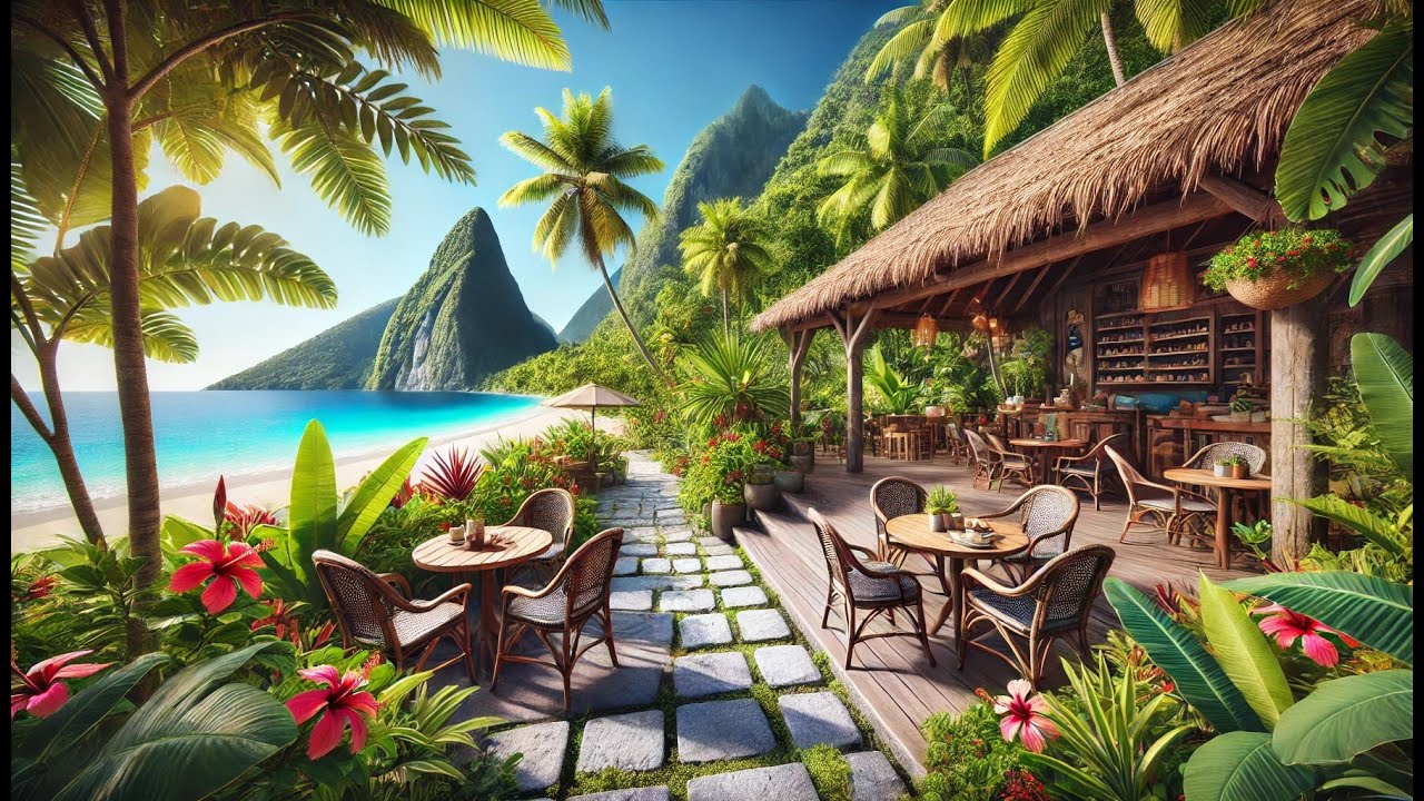 Tropical Paradise Ambiance 🏝️ Relaxing Coffee Shop by the Beach | Ocean ...
