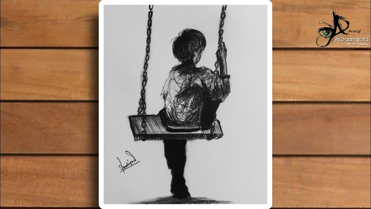 Sad boy drawing || How to draw a boy sitting alone || back view of a ...