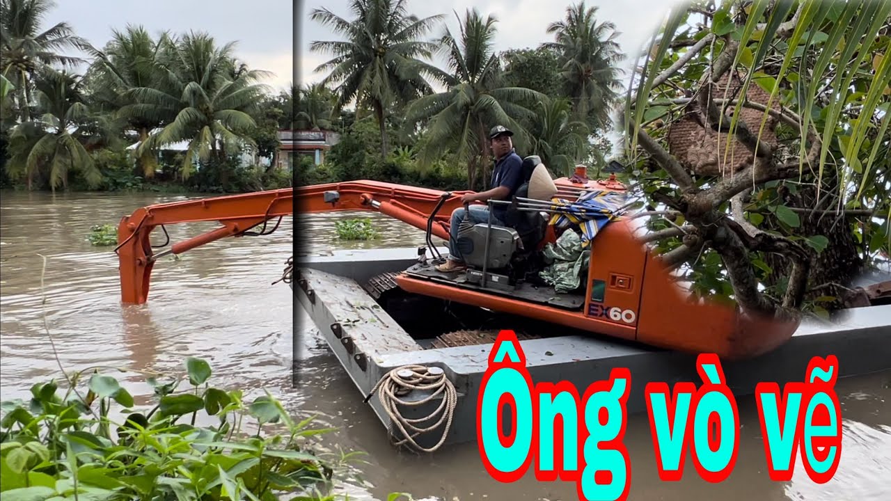 Xe cuốc EX60 cần dài múc đất tài xế sợ tổ ông vò vẽ - YouTube