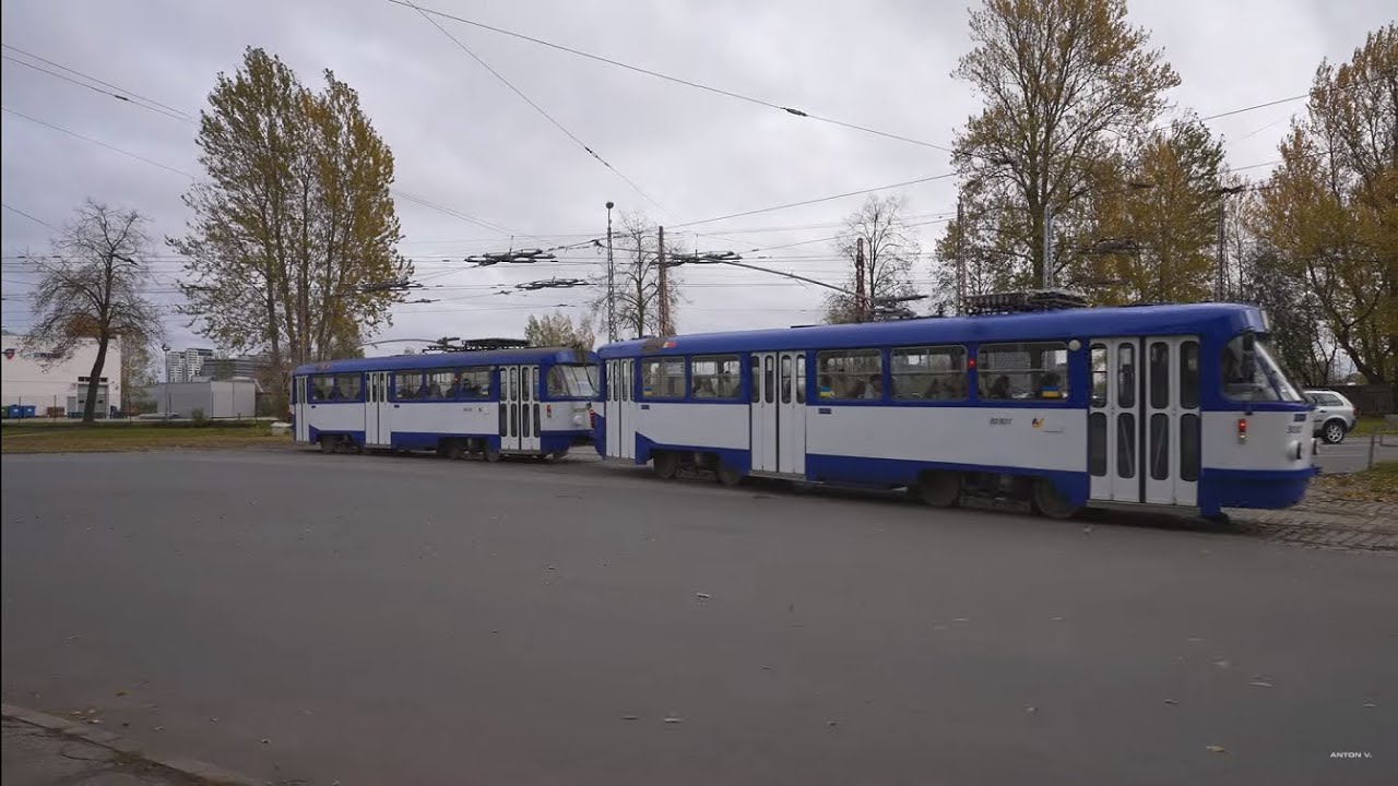 Latvia, Riga, tram 5 ride from Pētersalas iela to Kronvalda bulvāris ...