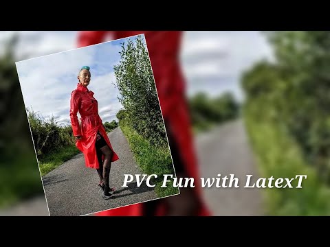 Walking in public in high heel shoes  and Red shiny PVC Coat.