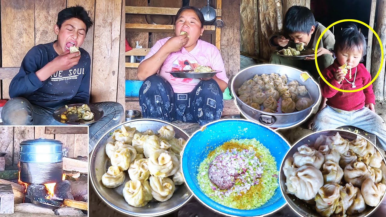 Enjoying Pork Momo in sheep hut || Jonson eating momo || Pork momo ...