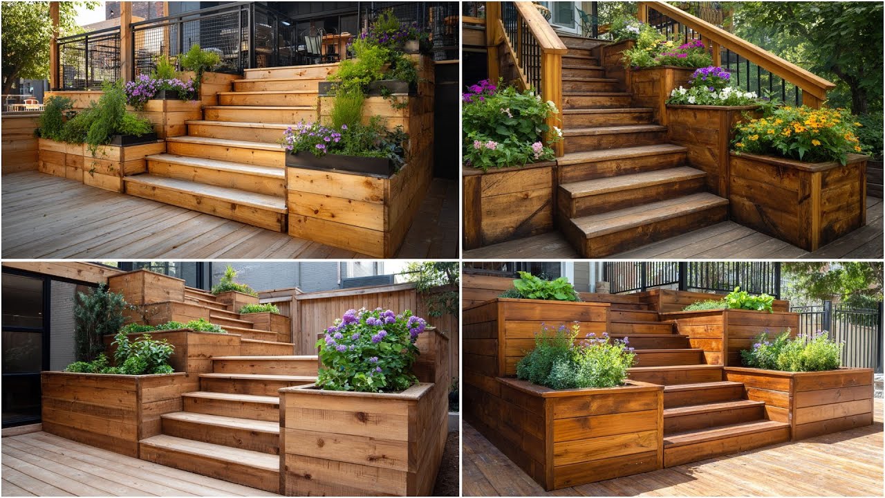 100 Wooden Deck Staircase with Planter Boxes | Outdoor Stair & Garden ...