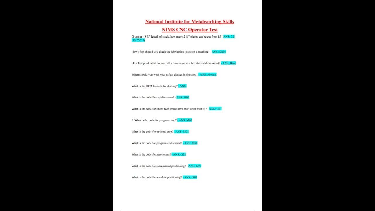 National Institute for Metalworking Skills NIMS CNC Operator Test ...